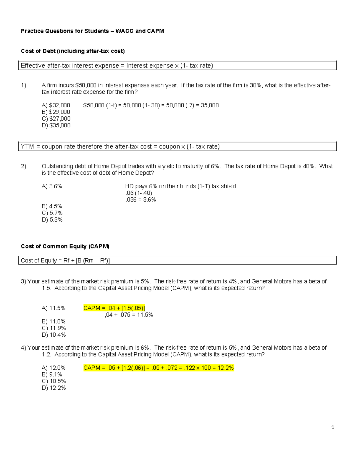 Finance WACC Calculation Practice for Students with Complete Answers ...