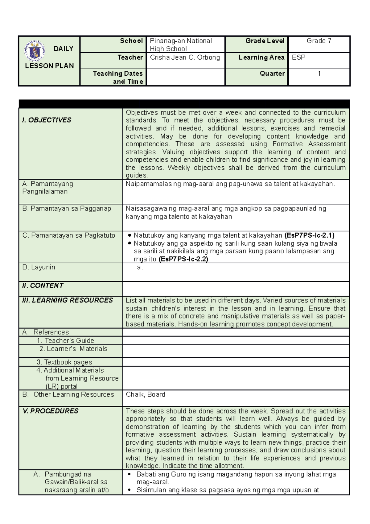 DLP G7 ESp - LESSON - DAILY LESSON PLAN School Pinanag-an National High ...