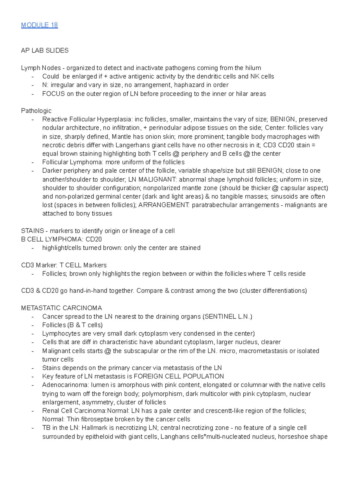 Patho Notes 2023 - Summary Histologia - MODULE 18 AP LAB SLIDES Lymph ...