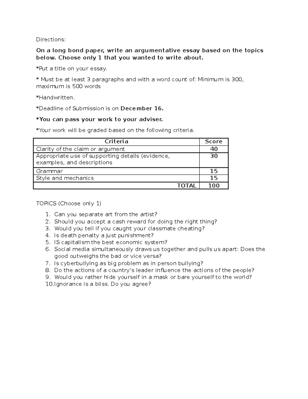 Argumentative-Essay - Argumentation - Directions: On a long bond paper ...