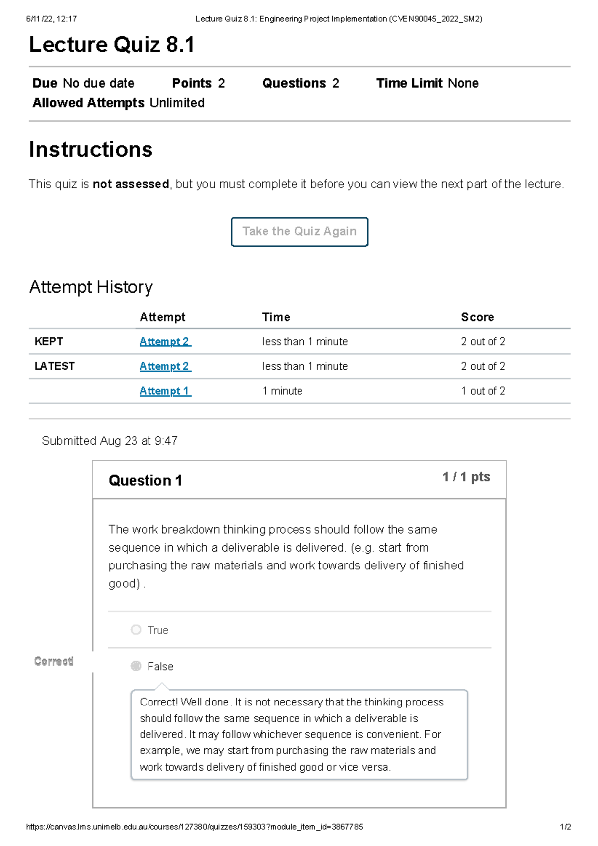 Lecture Quiz 8.1 Engineering Project Implementation (CVEN90045 2022 SM2 ...