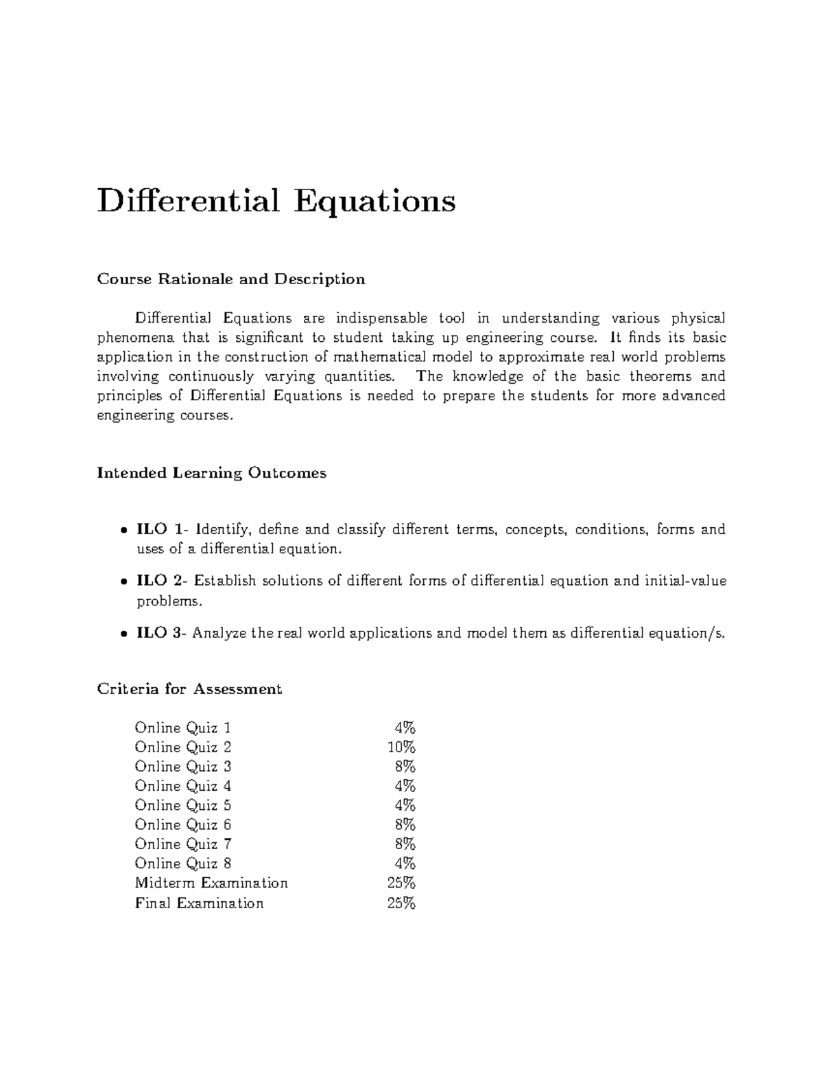 Differential Equations Part 1 - Differential Equations Course Rationale ...