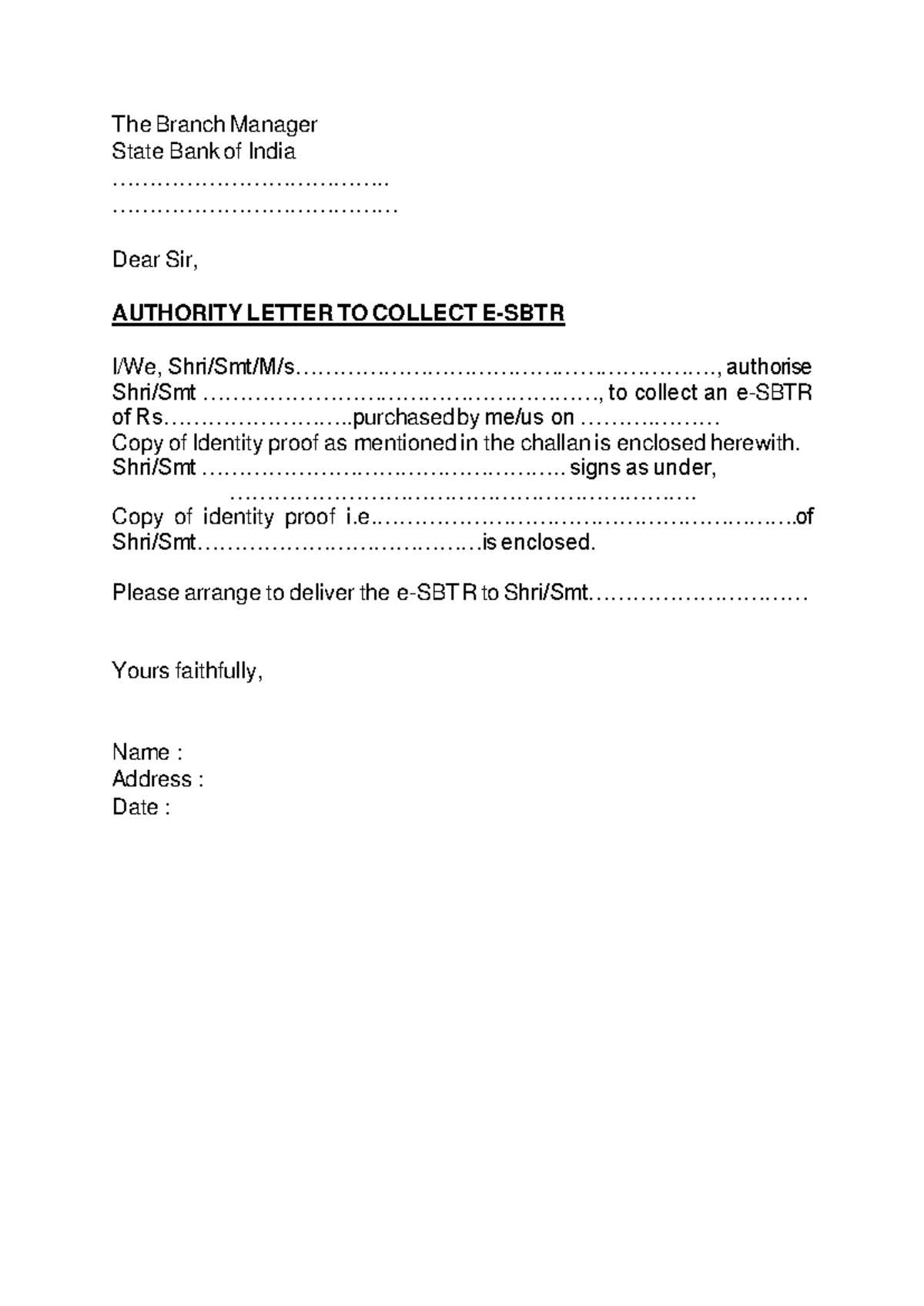Authority Letter for e SBTR - The Branch Manager State Bank of India ...