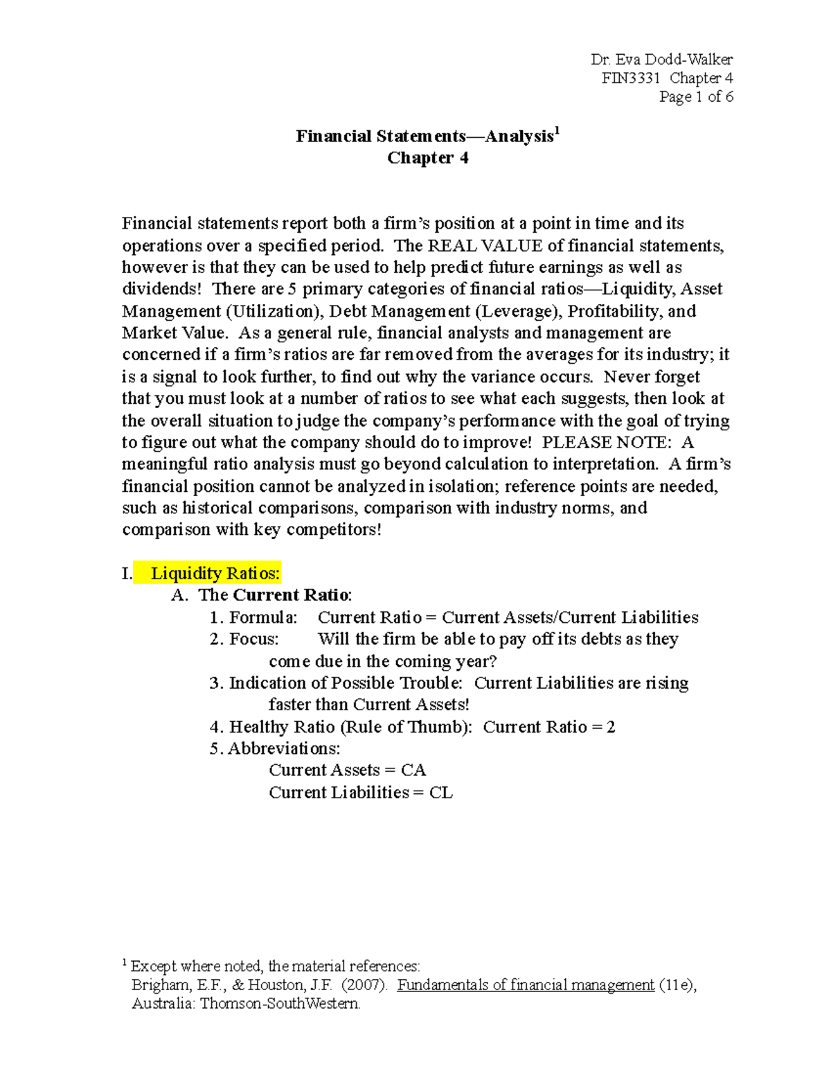 Financial Ratios Review - FIN3331 Chapter 4 Page 1 of 6 Financial ...