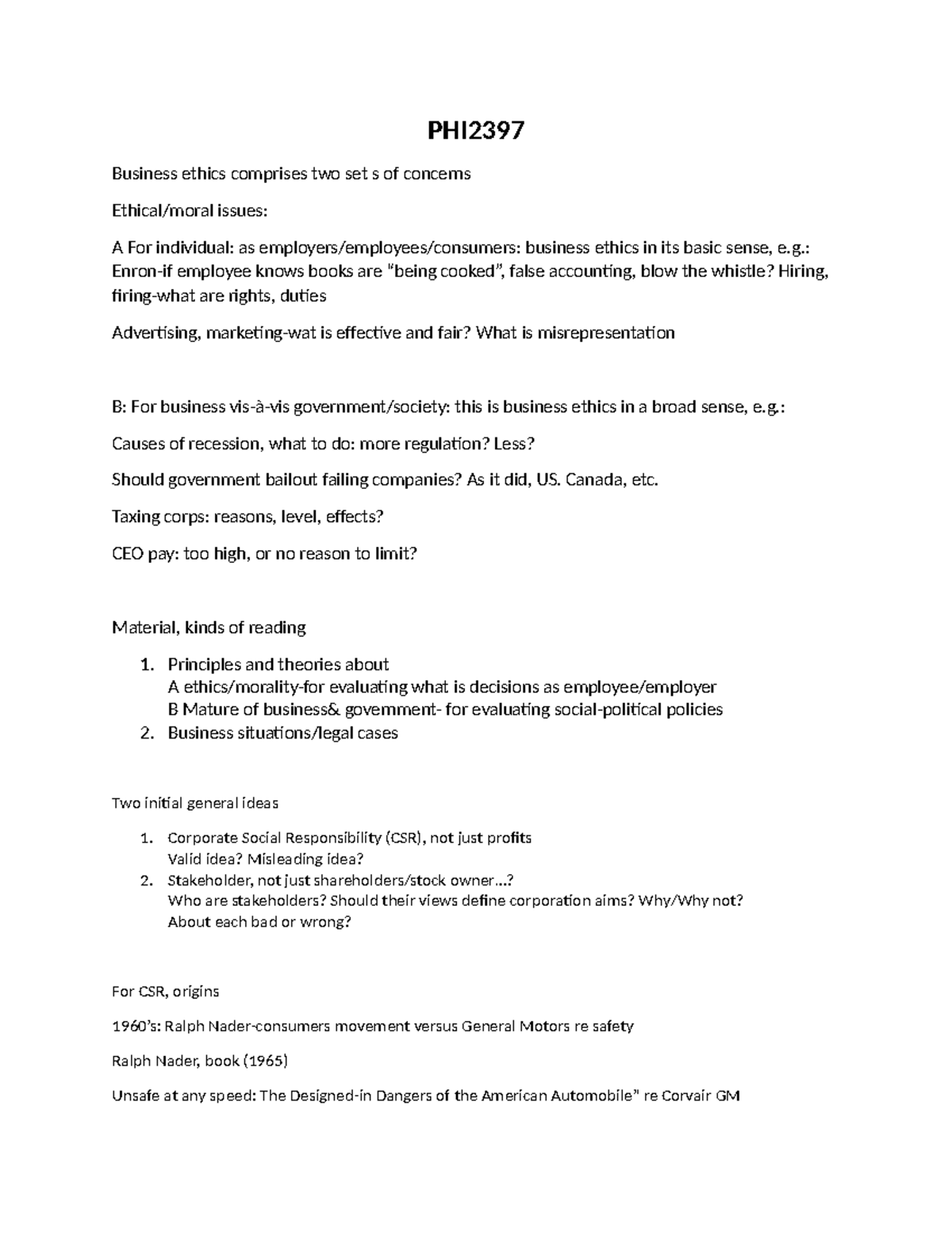 Business Ethics Notes Midterm 1 and 2 - PHI Business ethics comprises ...