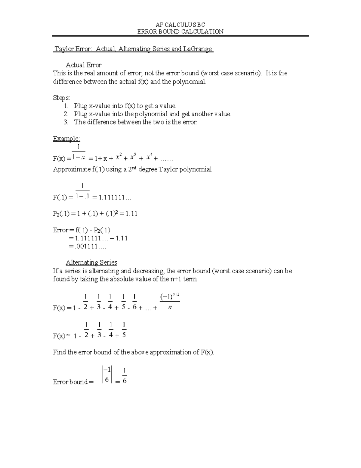 Alt Error Notes - AP CALCULUS BC ERROR BOUND CALCULATION Taylor Error ...