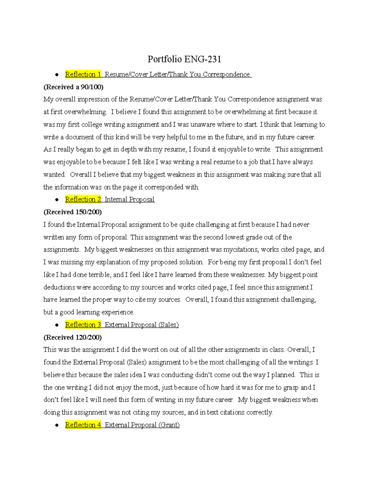 Portfolio ENG-231 - Portfolio ENG- Reflection 1 : Resume/Cover Letter ...