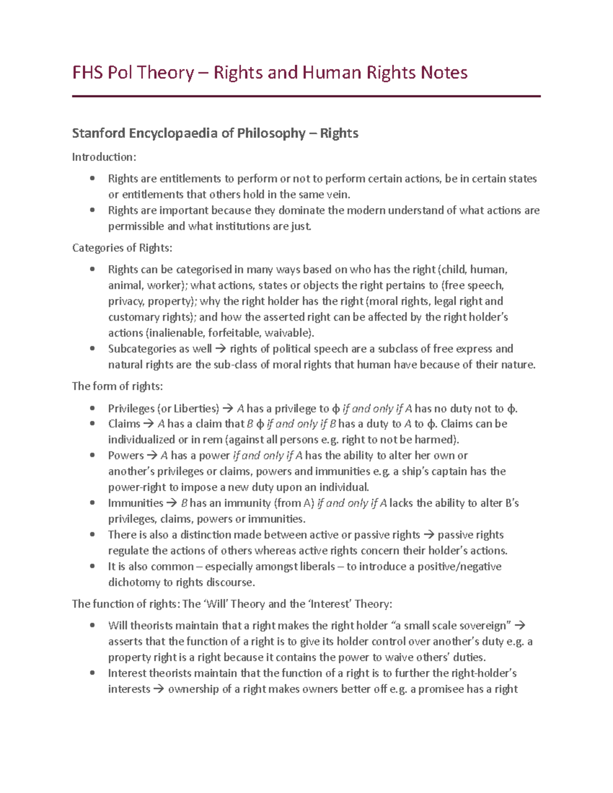 Pol Theory Rights Notes - FHS Pol Theory – Rights and Human Rights ...
