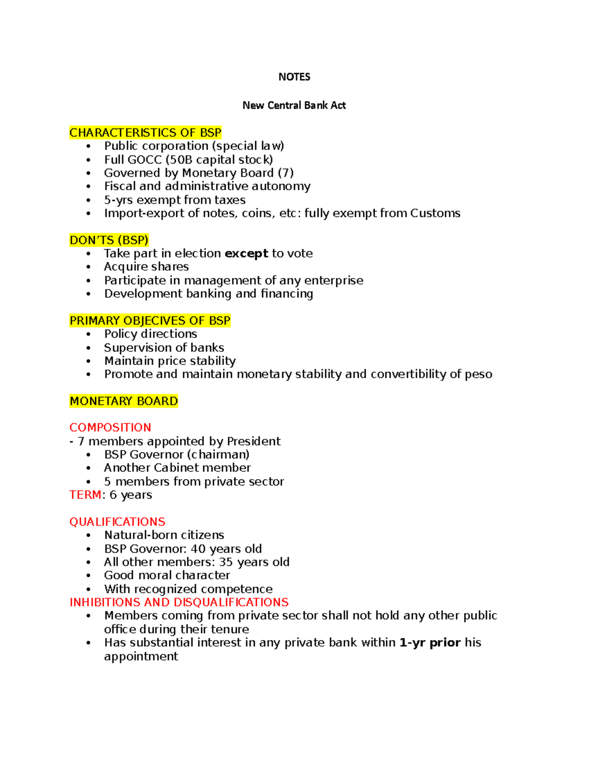 New Central Bank Act Notes - NOTES New Central Bank Act CHARACTERISTICS ...