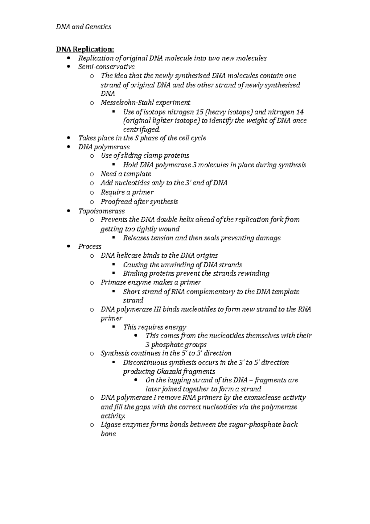 DNA Replication Lecture Notes - DNA and Genetics DNA Replication ...