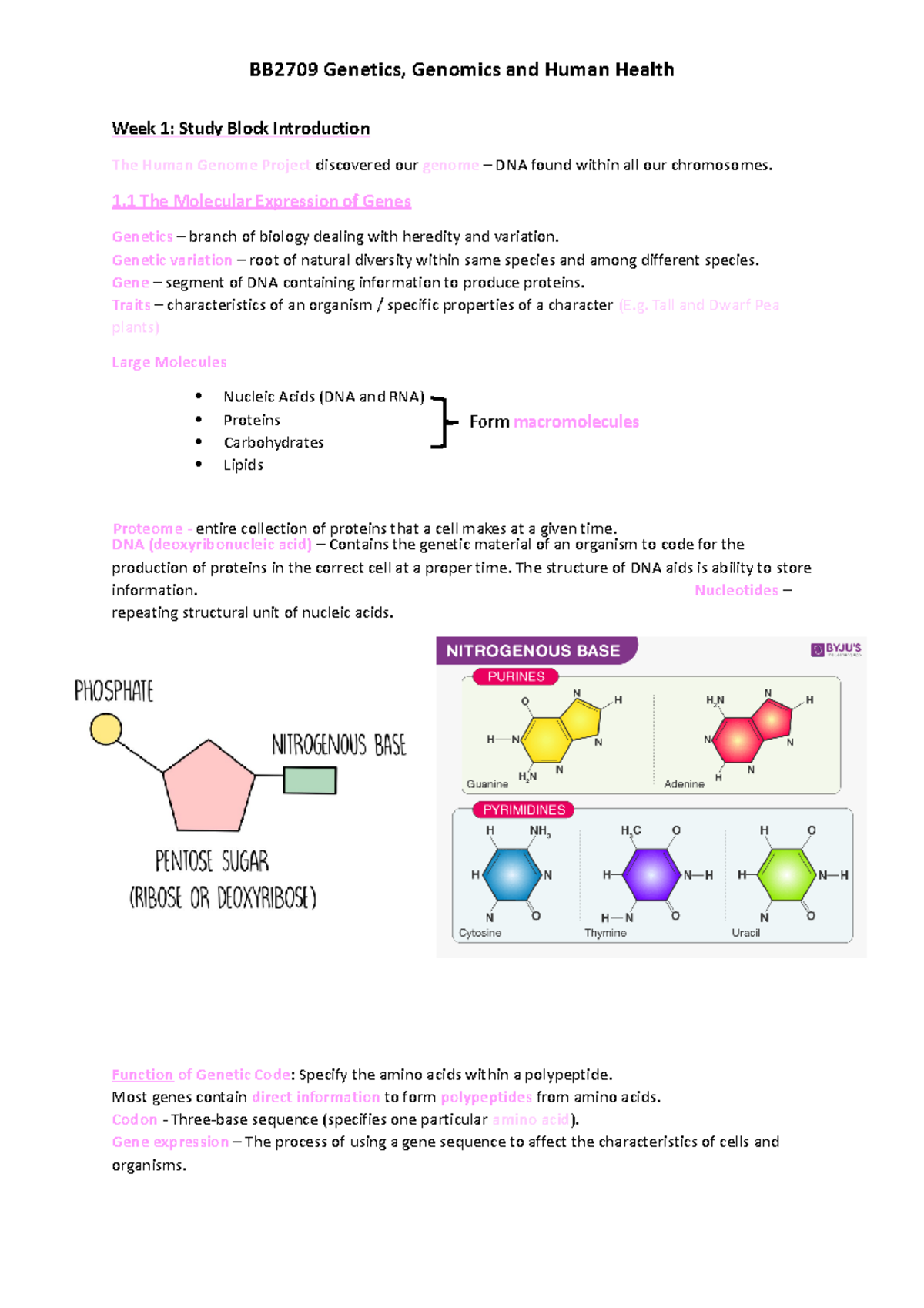 Notes - Week 1: Study Block Introduction The Human Genome Project ...