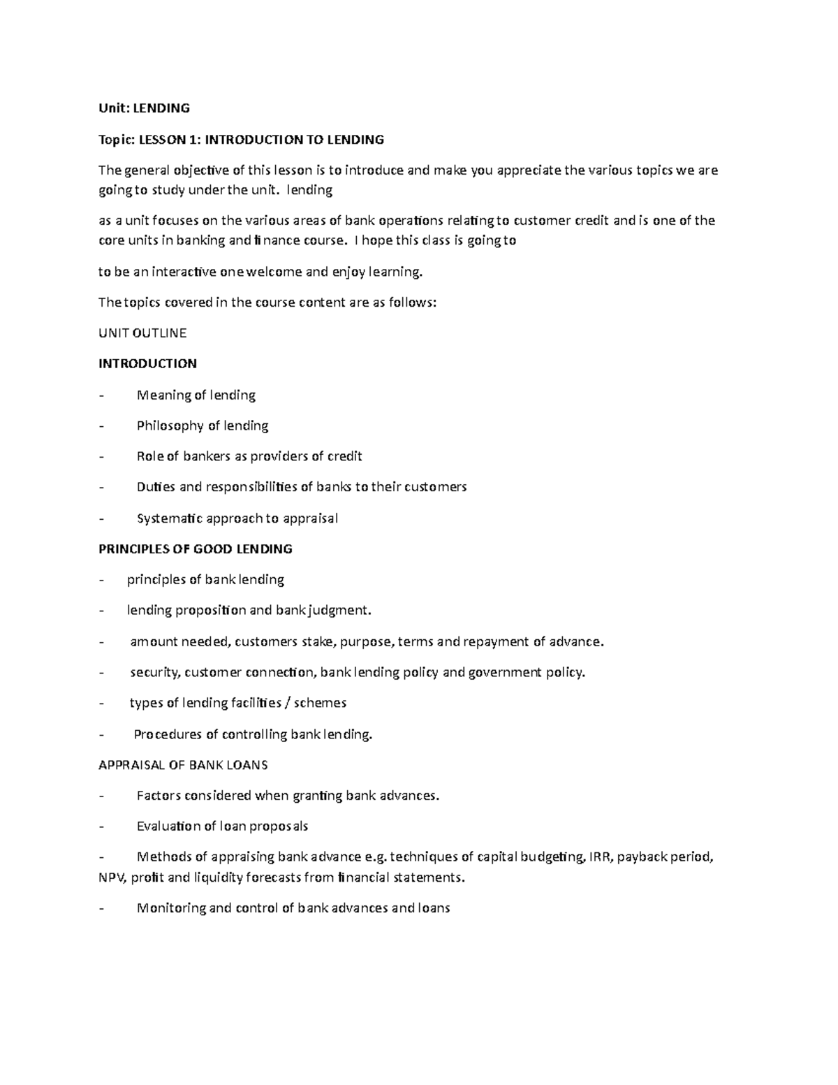 Lending - Unit: LENDING Topic: LESSON 1: INTRODUCTION TO LENDING The ...
