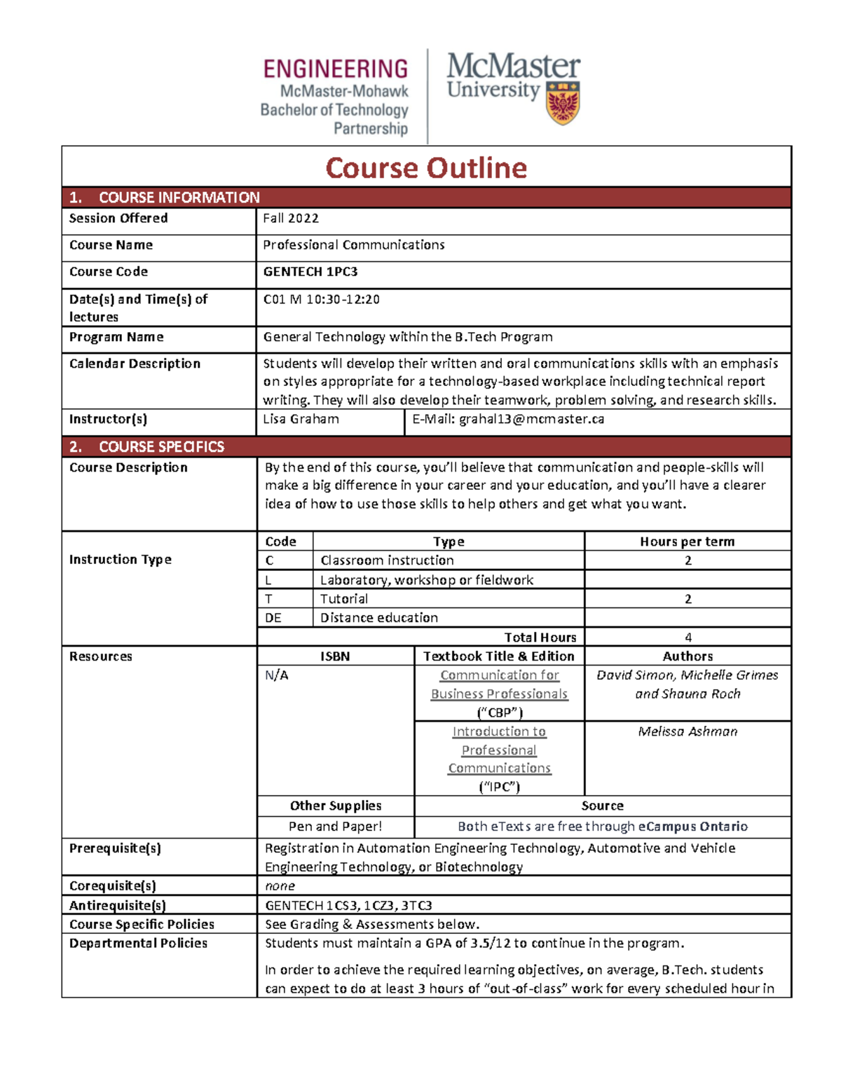 Gentech 1PC3 Fall 2022 Course Outline - Course Outline 1. COURSE ...