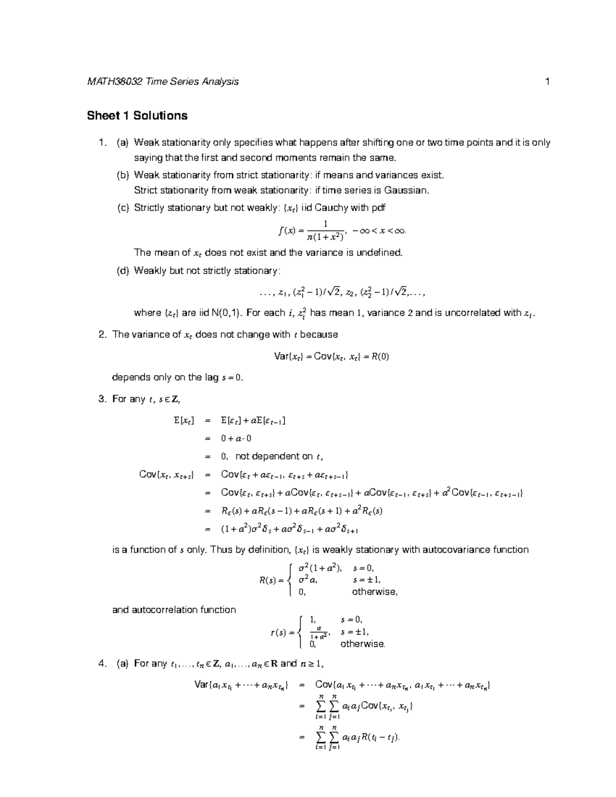Tsa solutions 1 - MATH38032 Time Series - MATH38032 Time Series ...
