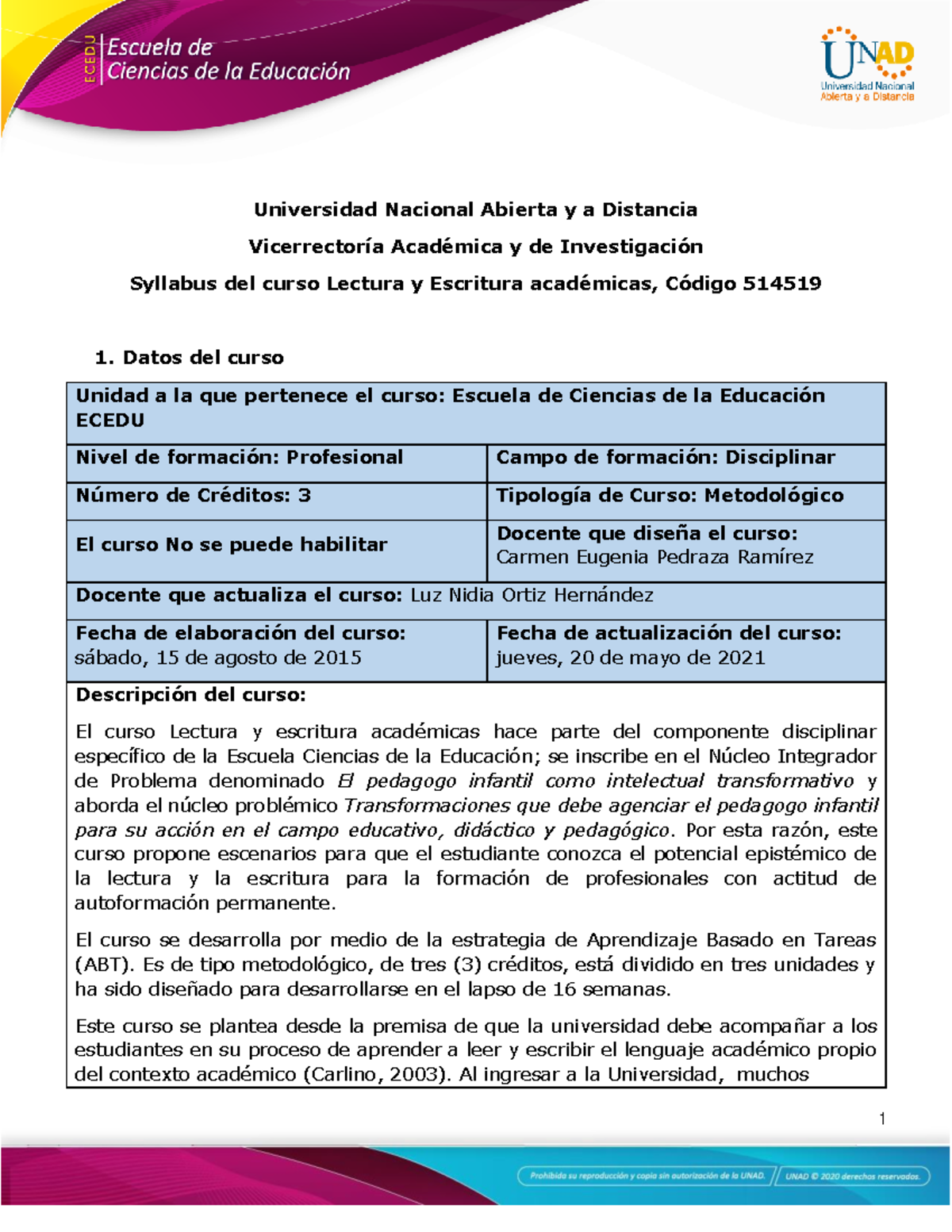 Lectura Y Escritura Academica- Syllabus (UNAD) - Universidad Nacional Abierta y a Distancia ...