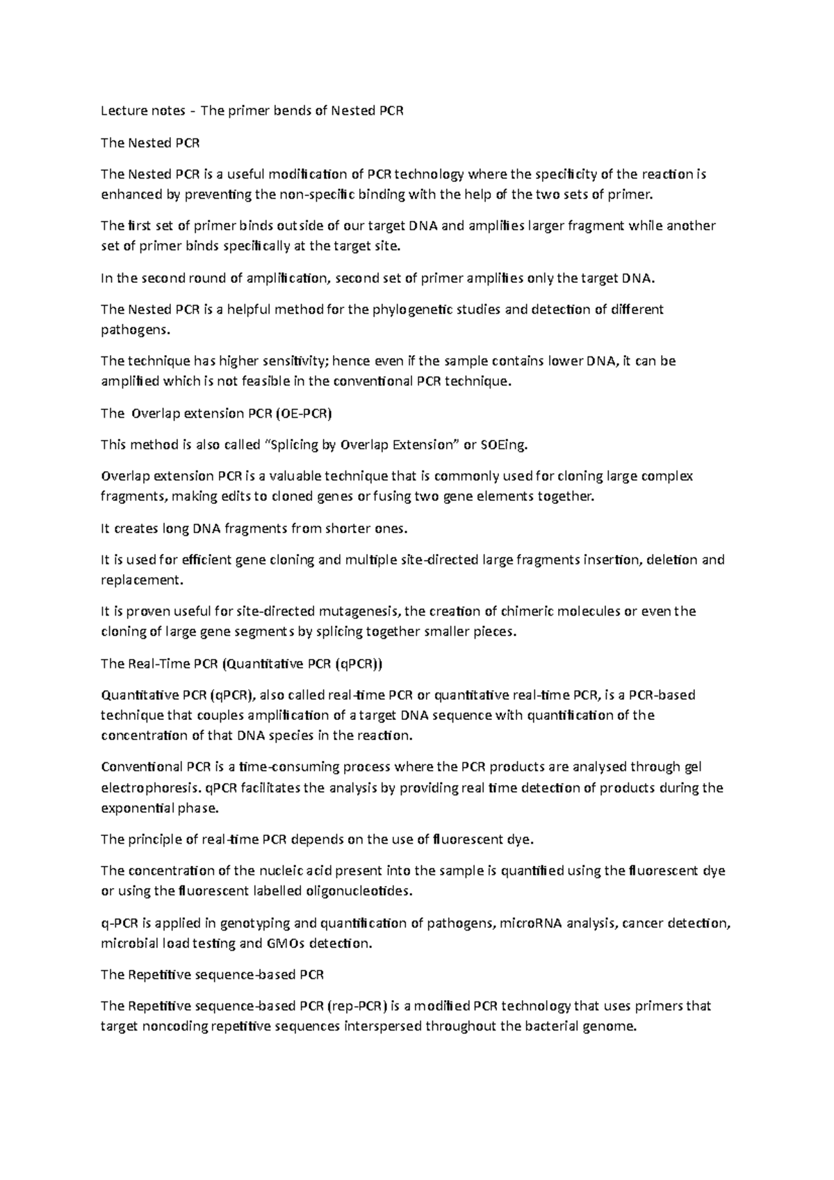 Lecture notes - The primer bends of Nested PCR - The first set of ...