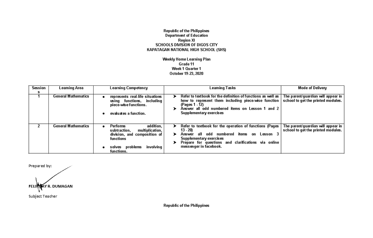 Weekly home learning plan general math q1 and q2 - Republic of the ...