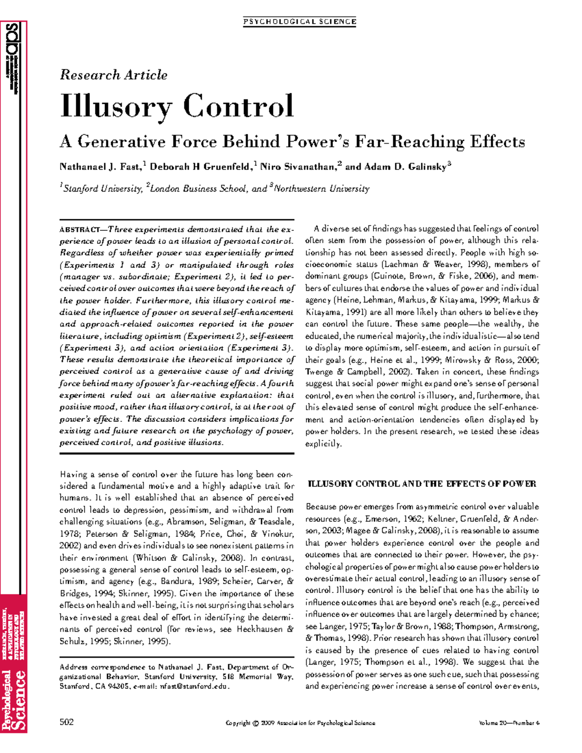 Power and illusory control - Research Article Illusory Control A ...