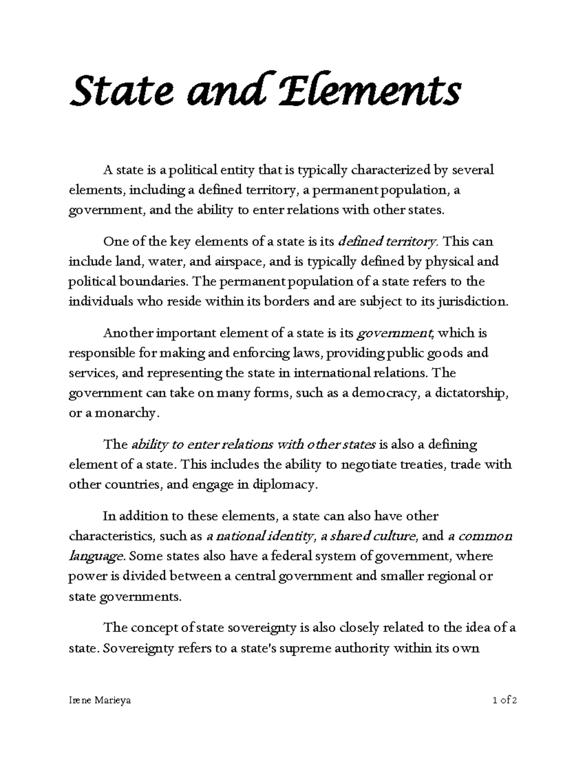 State and Elements - Irene Marieya 1 of 2 State and Elements A state is ...