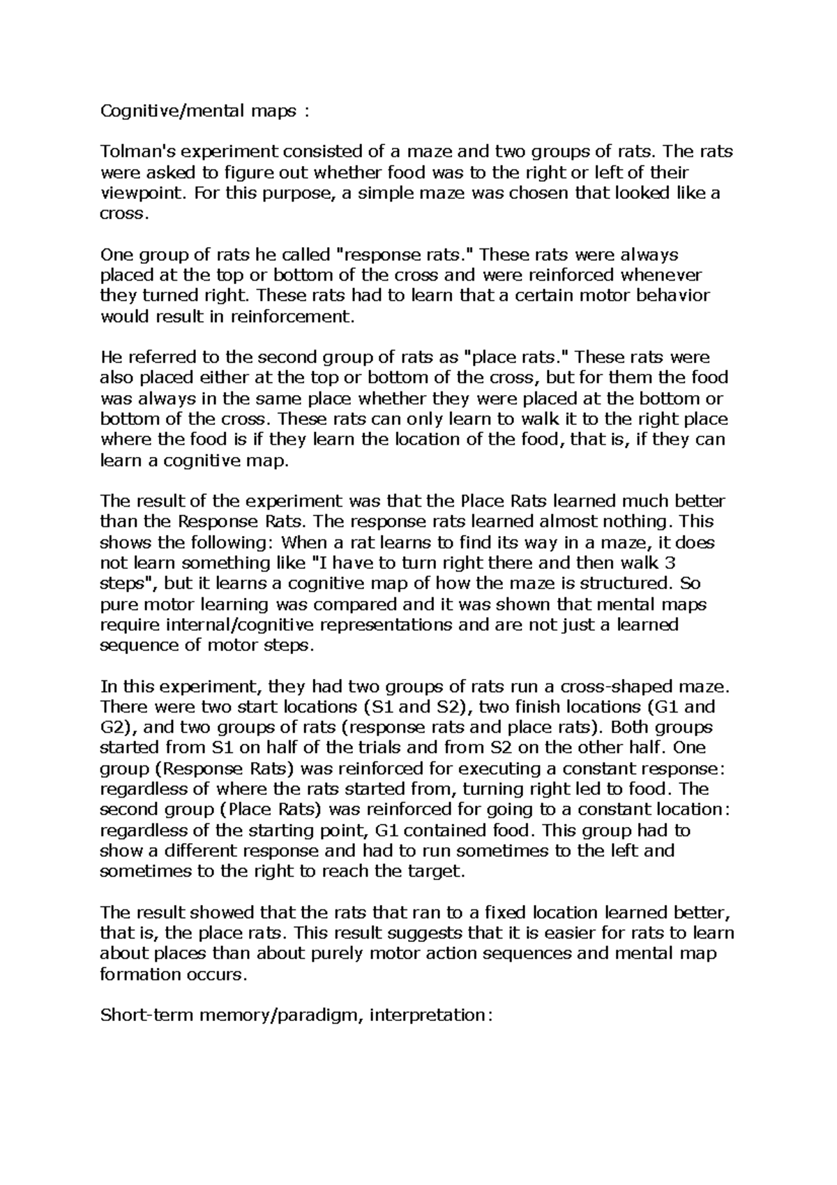 Cognitive - Psycho Notes - Cognitive/mental maps : Tolman's experiment ...