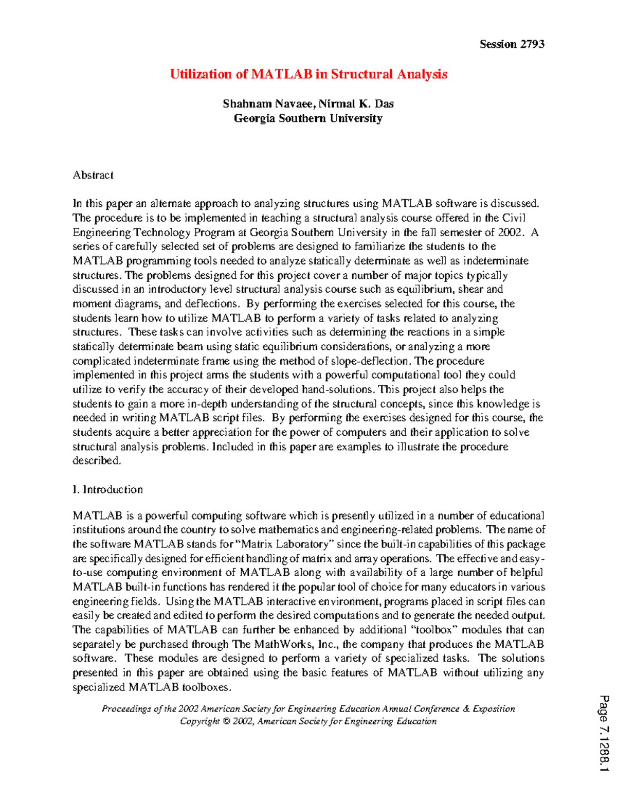 Utilization of matlab in structural analysis - Proceedings of the 2002 ...