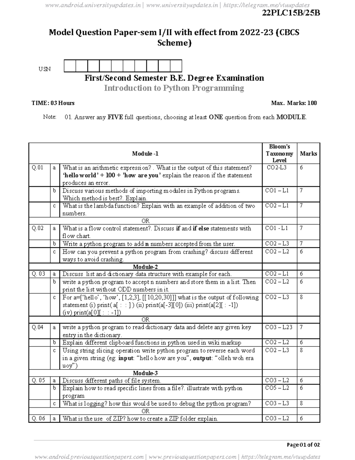 Model Question paper - 22PLC15B/25B Page 01 of 02 Model Question Paper ...