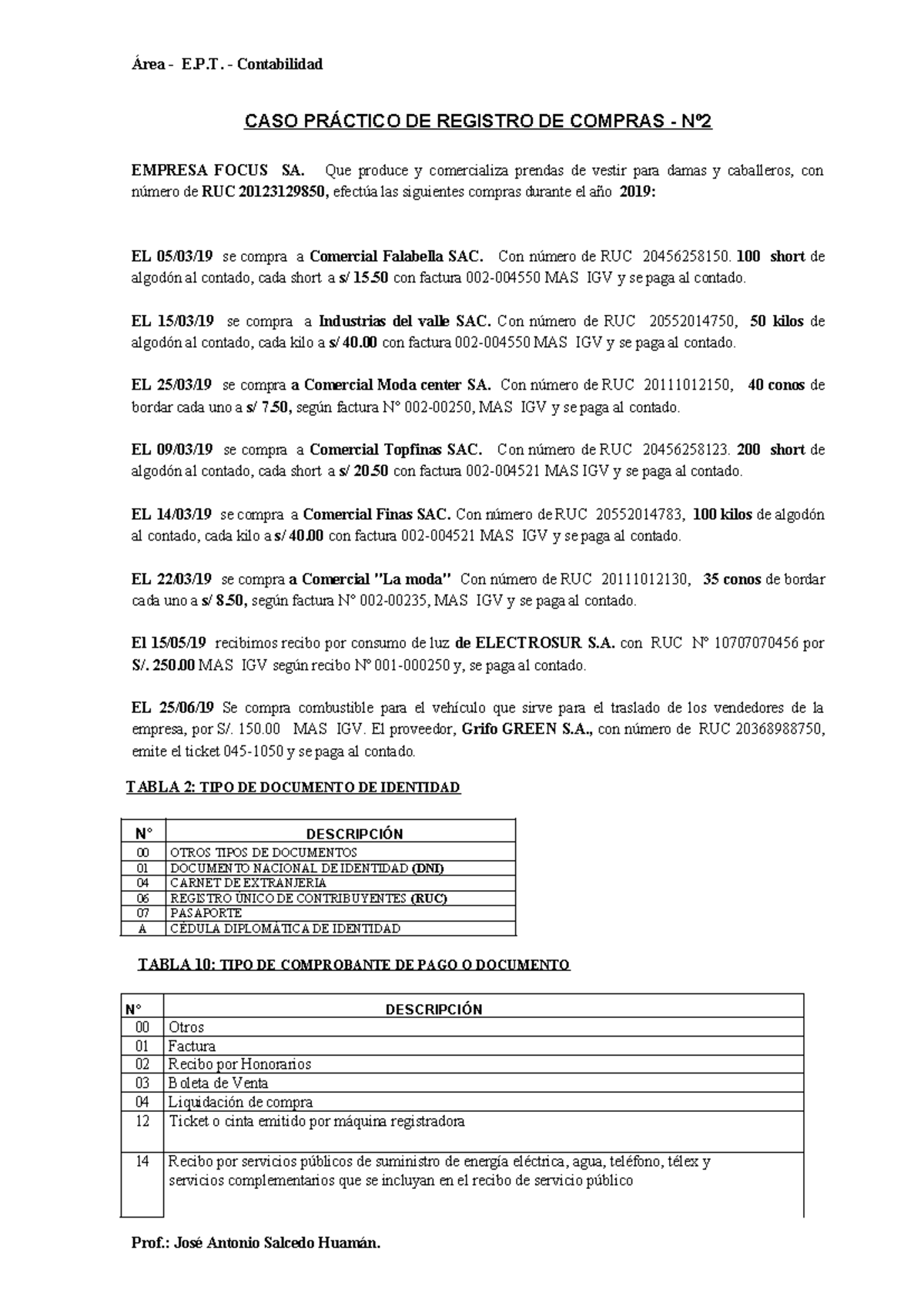Registro DE Compras nº 2 CASO Practico - Área - E.P. - Contabilidad CASO PRÁCTICO DE REGISTRO DE ...