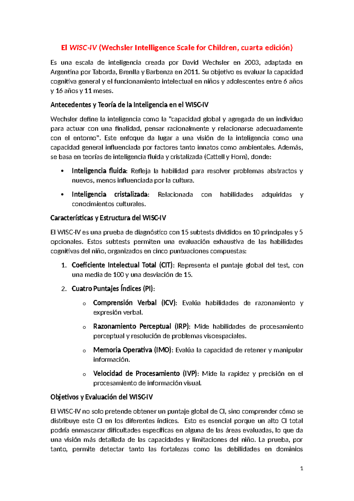 WISC-IV - Wisc - El WISC-IV (Wechsler Intelligence Scale for Children ...