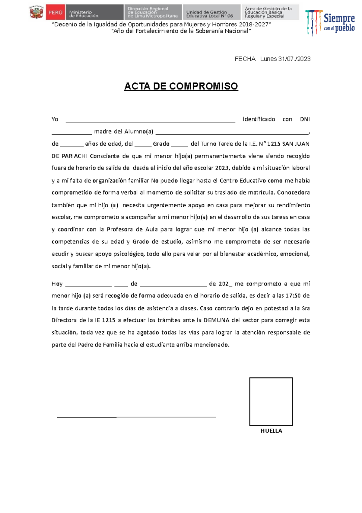 Acta De Compromiso Recojo De Estudiantes Decenio De La Igualdad De