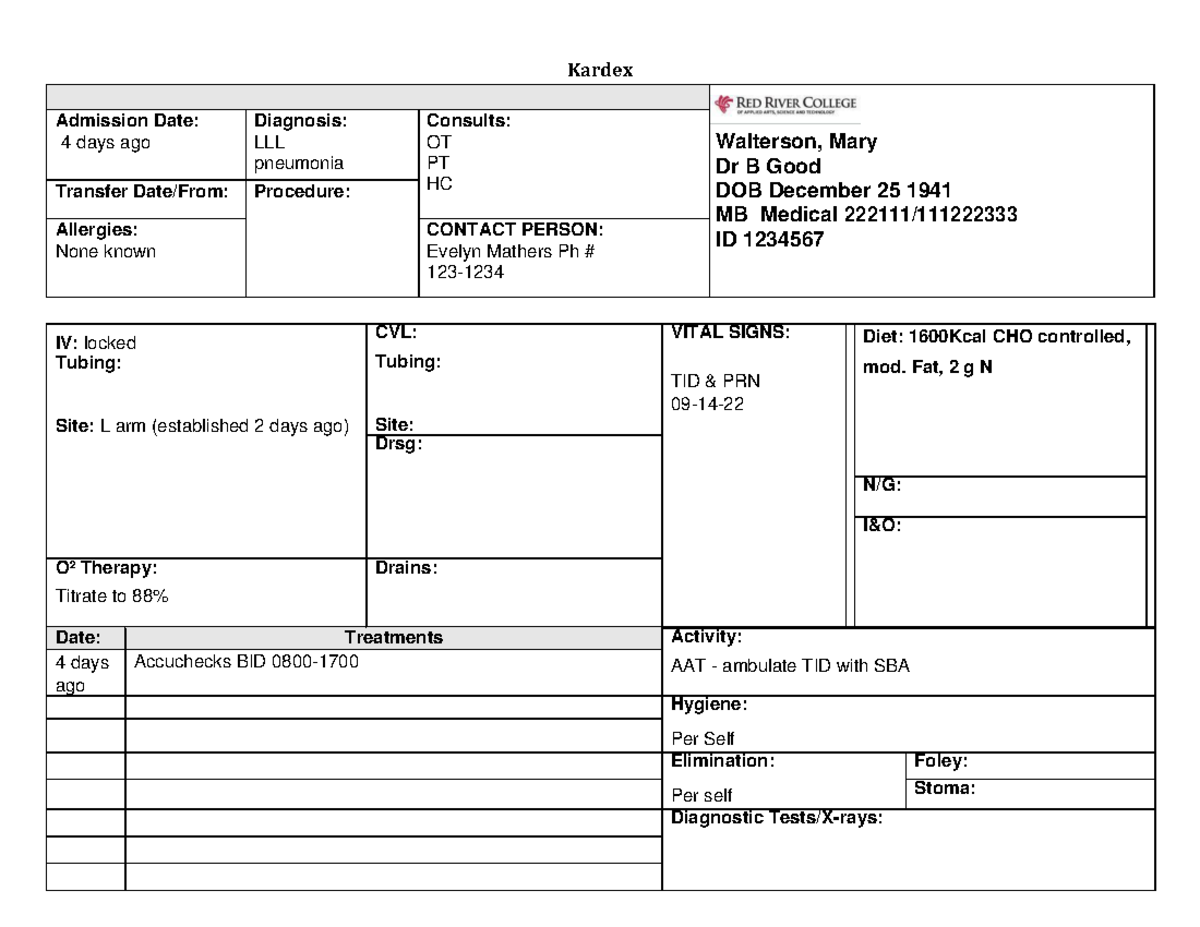 Walterson Chart for Practice Test - Kardex Walterson, Mary Dr B Good ...