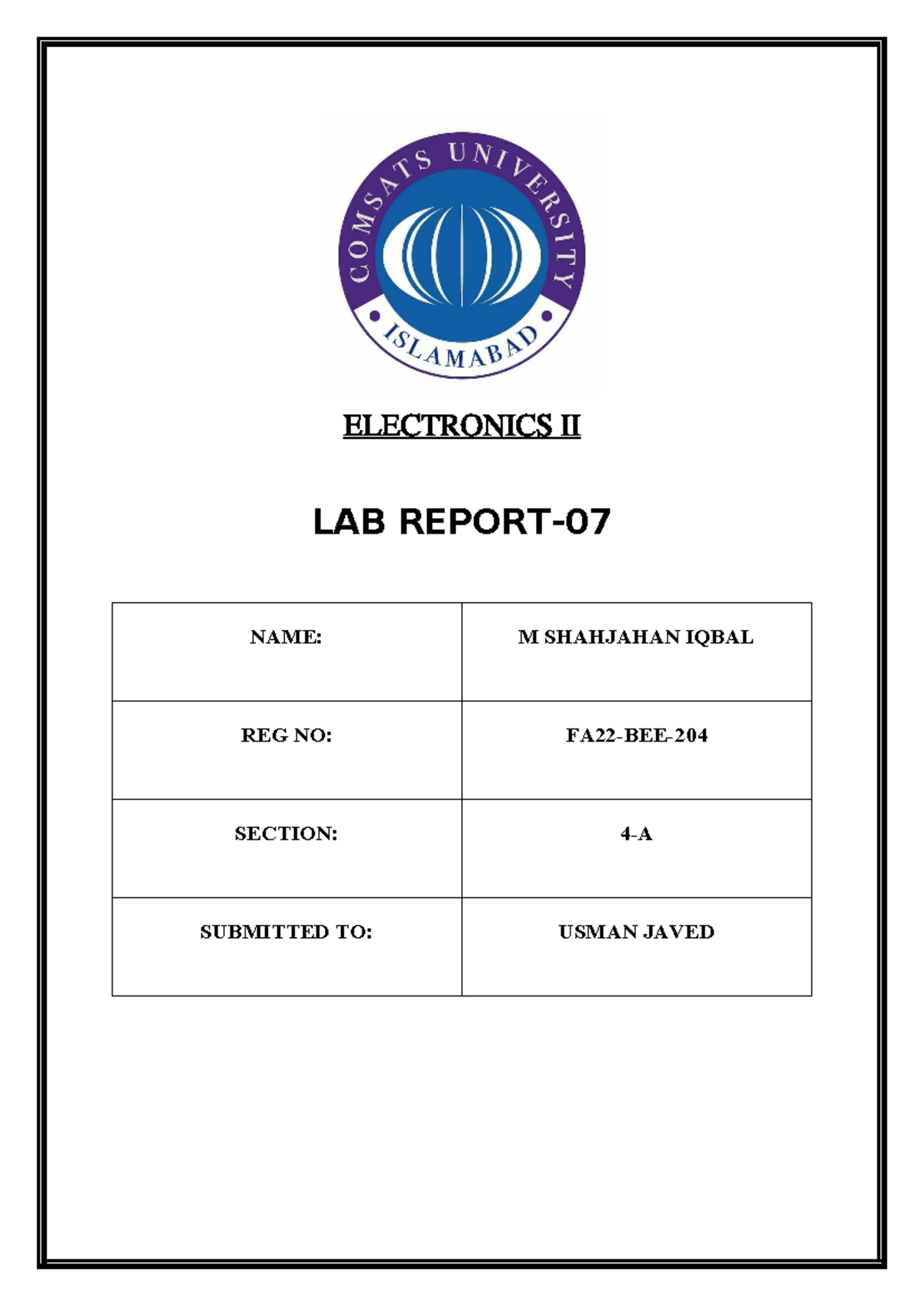 LAB07- Report-EL2 - electronics 2 lab report 7 - ELECTRONICS II LAB REPORT- NAME: M SHAHJAHAN ...