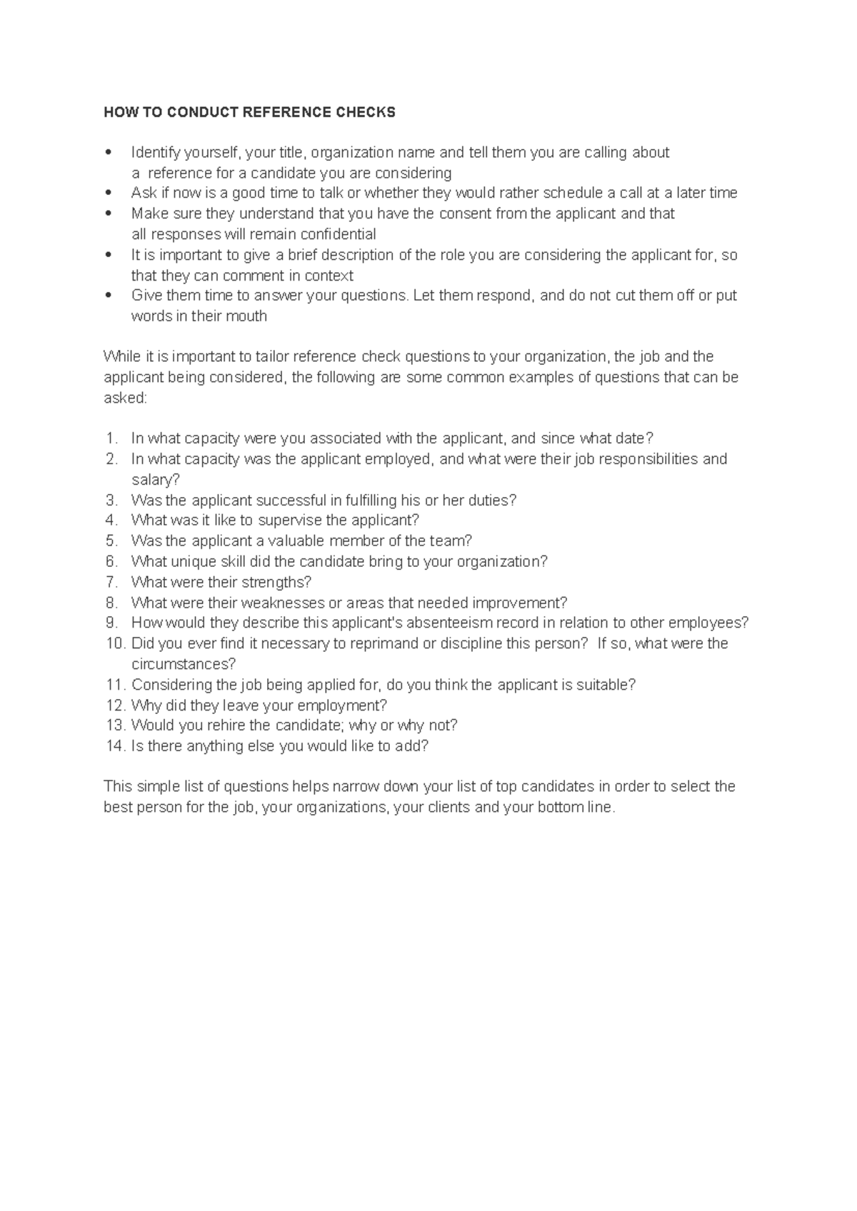 How to conduct reference checks - HOW TO CONDUCT REFERENCE CHECKS ...