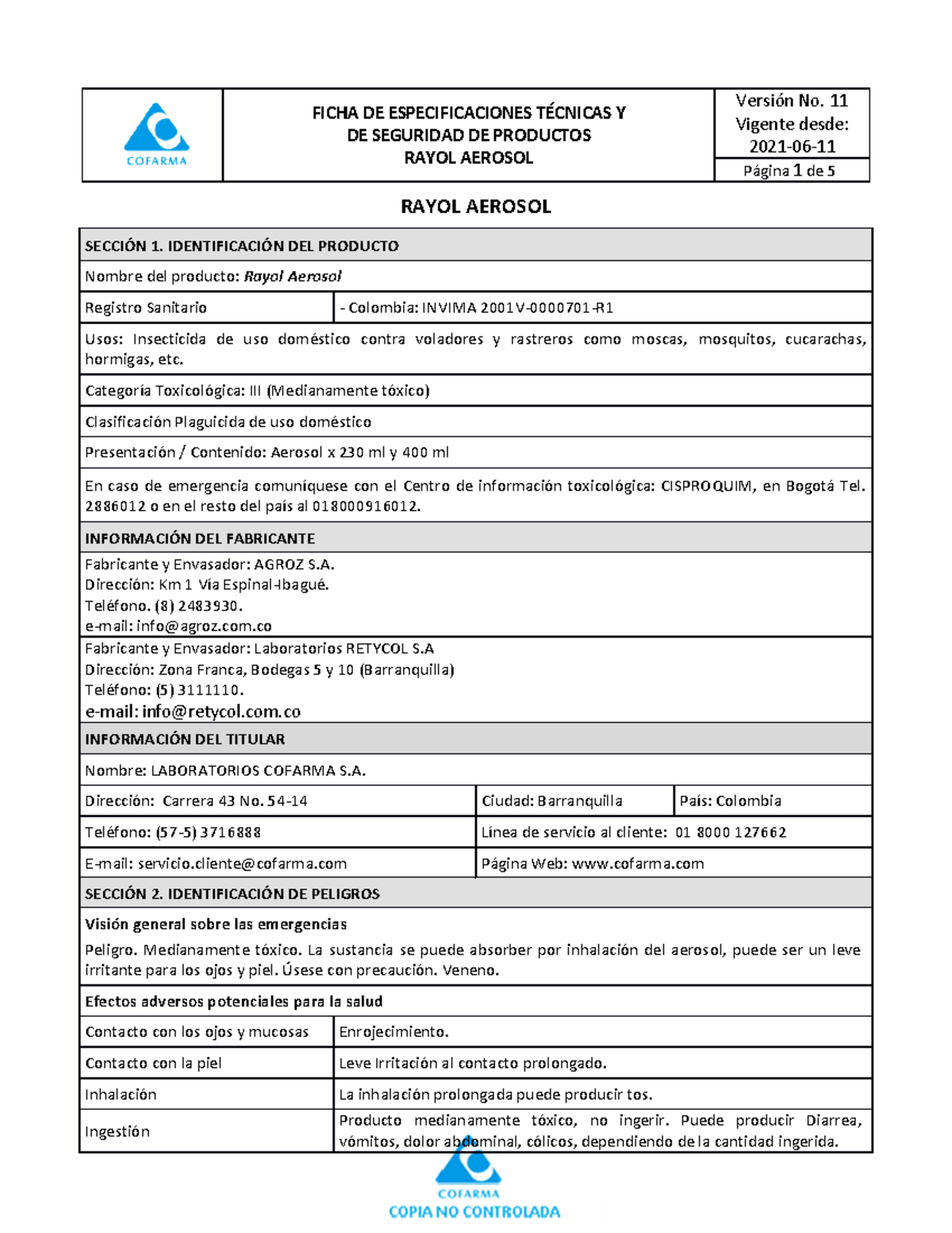 MSDS Rayol Aerosol V11 - Hoja de datos de seguridad del producto ...