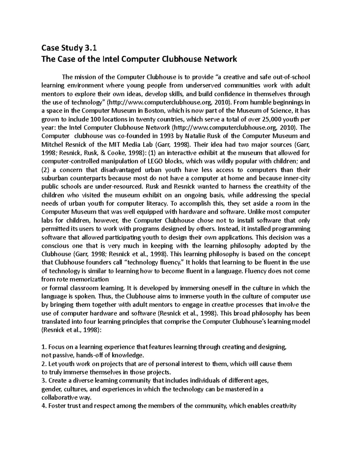 The Case of the Intel Computer Clubhouse Network - Case Study 3. The ...