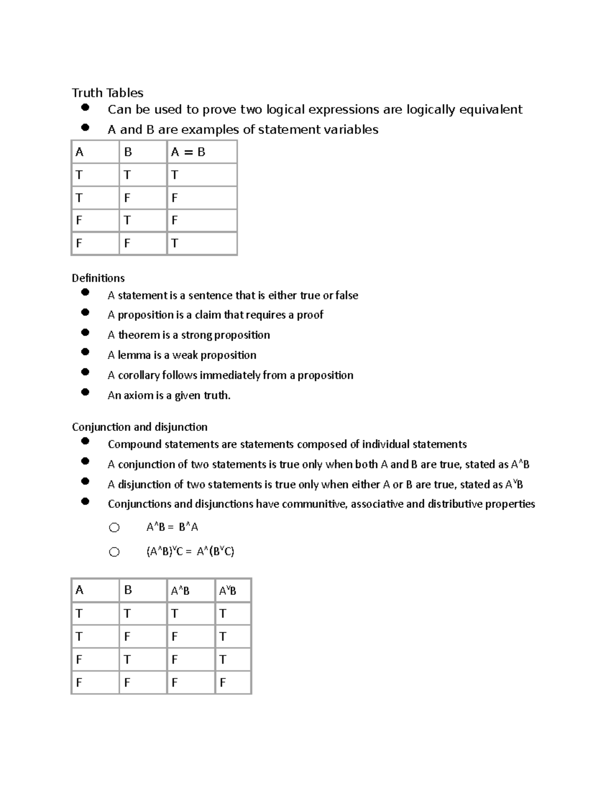 Math135 Truth Tables - Summary Algebra for Hons Mathematics - Truth ...