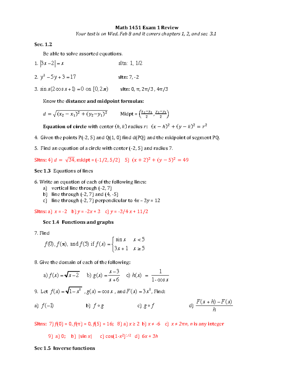 M1451 E1 Review Spr23 - Math 1451 Exam 1 Review Your test is on Wed ...