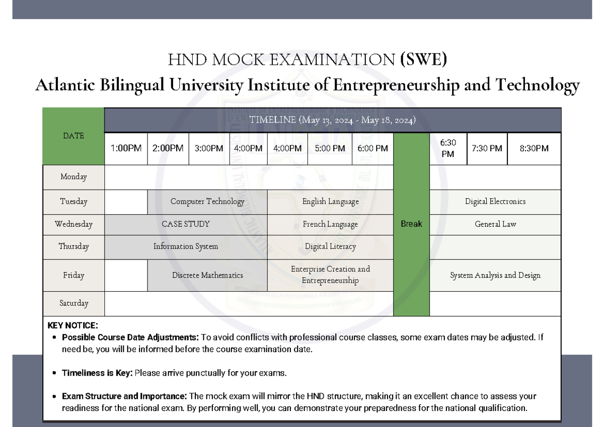 HND Mock Timetable 2024 - DATE TIMELINE (May 13, 2024 - May 18, 2024) 1:00PM 2:00PM 3:00PM 4 ...