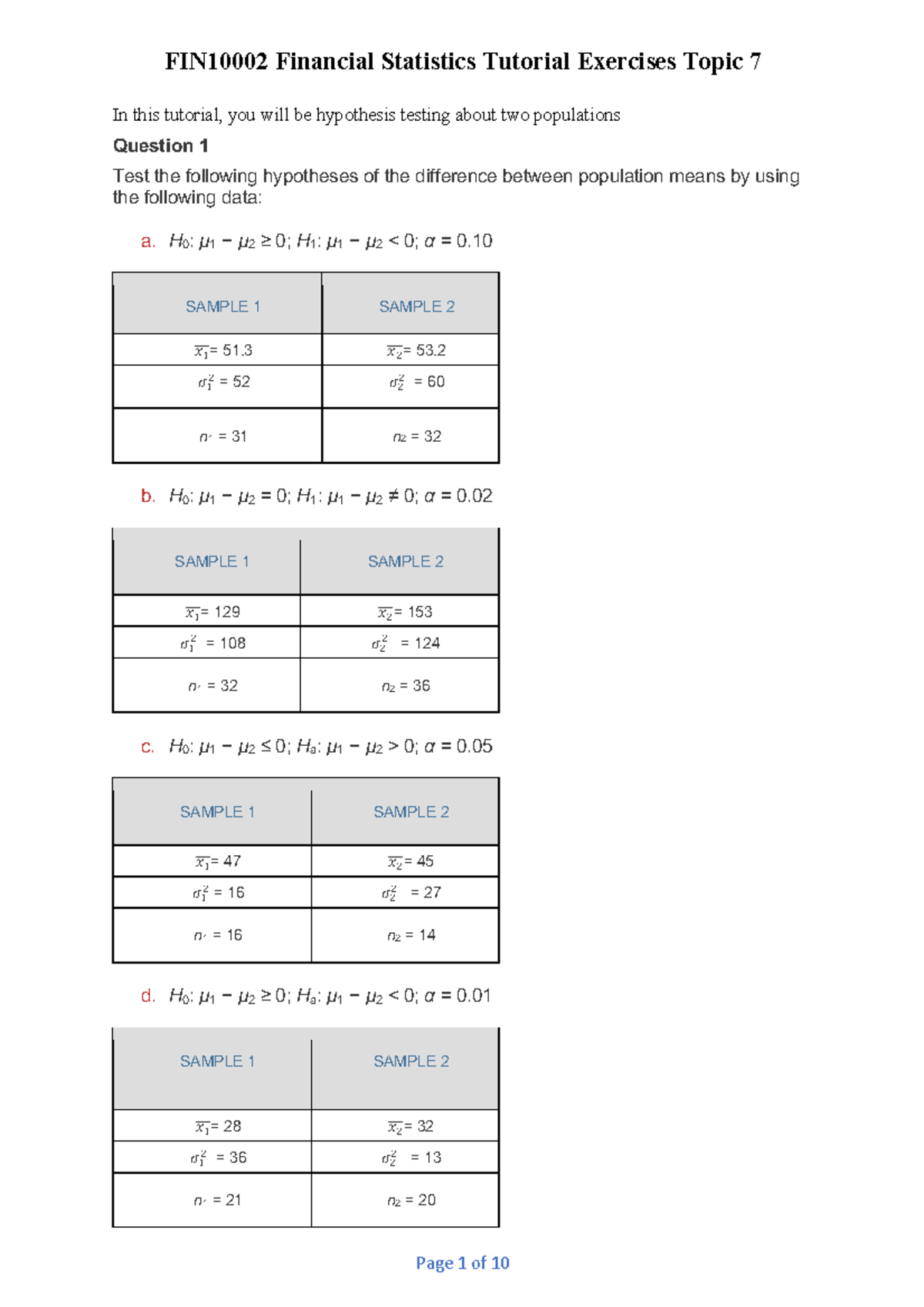 FIN10002 Financial Statistics Topic 7 Tutorial S119 solutions - FIN10002 Financial Statistics ...