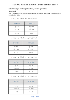 Tutorial work week 2 - FIN10002 Financial Statistics Tutorial Exercises ...