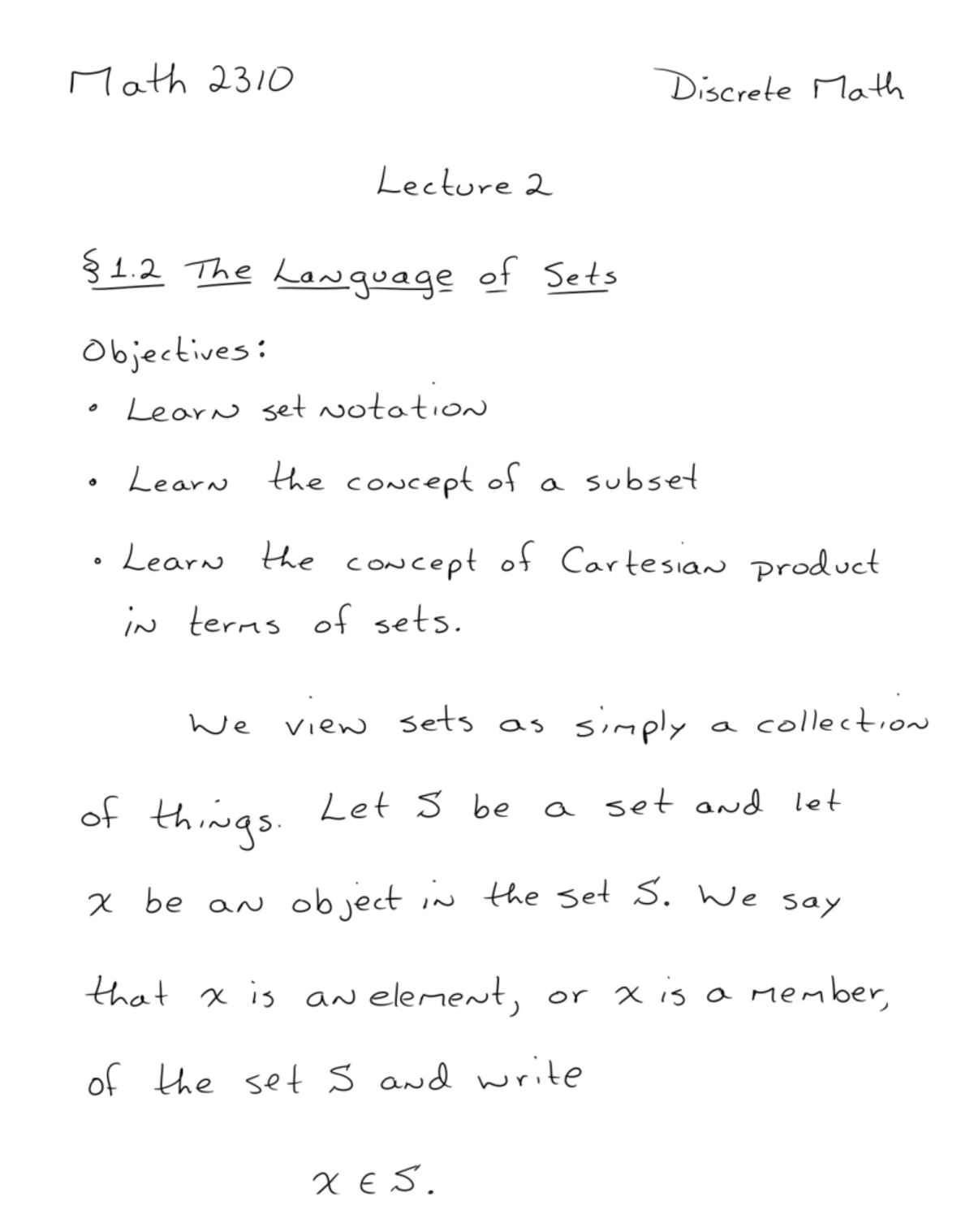 lesson 1.2 (the language of sets) - MATH 2310 - Studocu