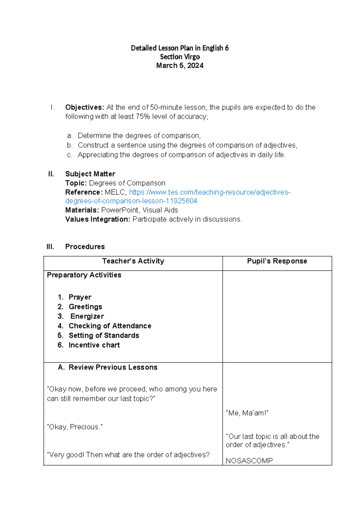 Degrees of Adjectives - Detailed Lesson Plan in English 6 Section Virgo ...