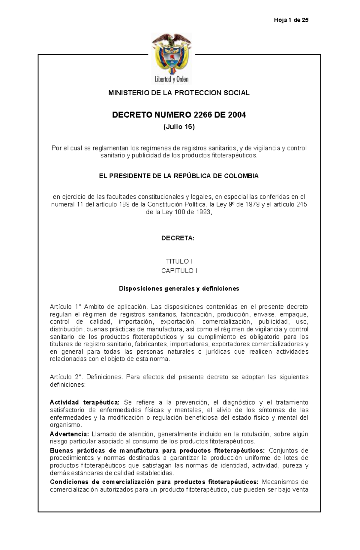1. Decreto-2266-de-2004 pdf - MINISTERIO DE LA PROTECCION SOCIAL ...