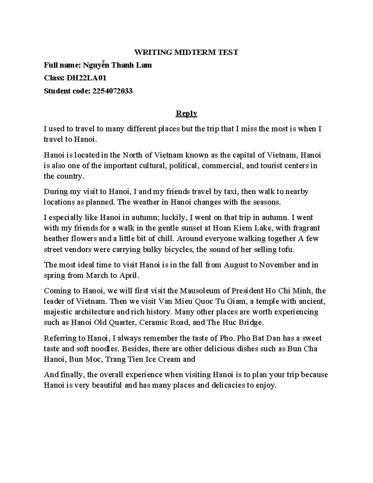 Writing Midterm TEST - vi du - WRITING MIDTERM TEST Full name: Nguyễn ...