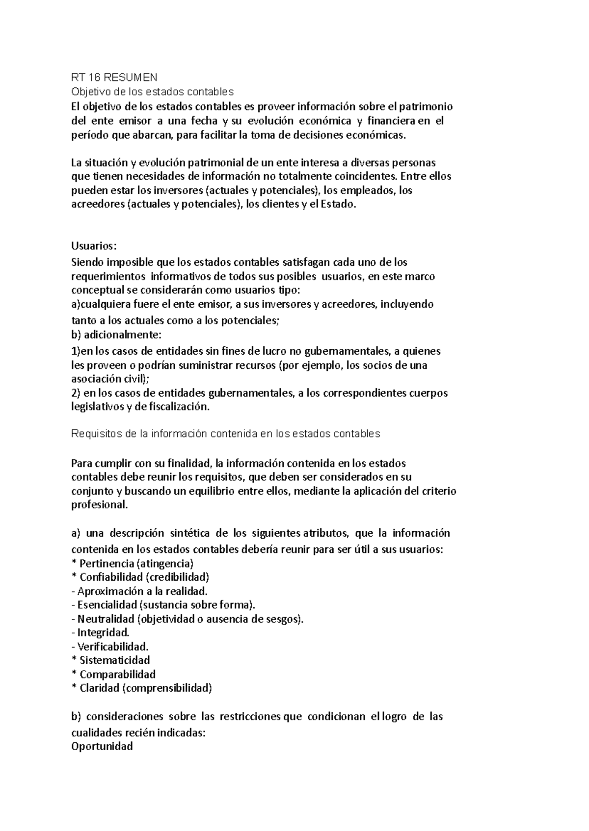 RT 16 Resumen - RT 16 RESUMEN Objetivo de los estados contables El ...