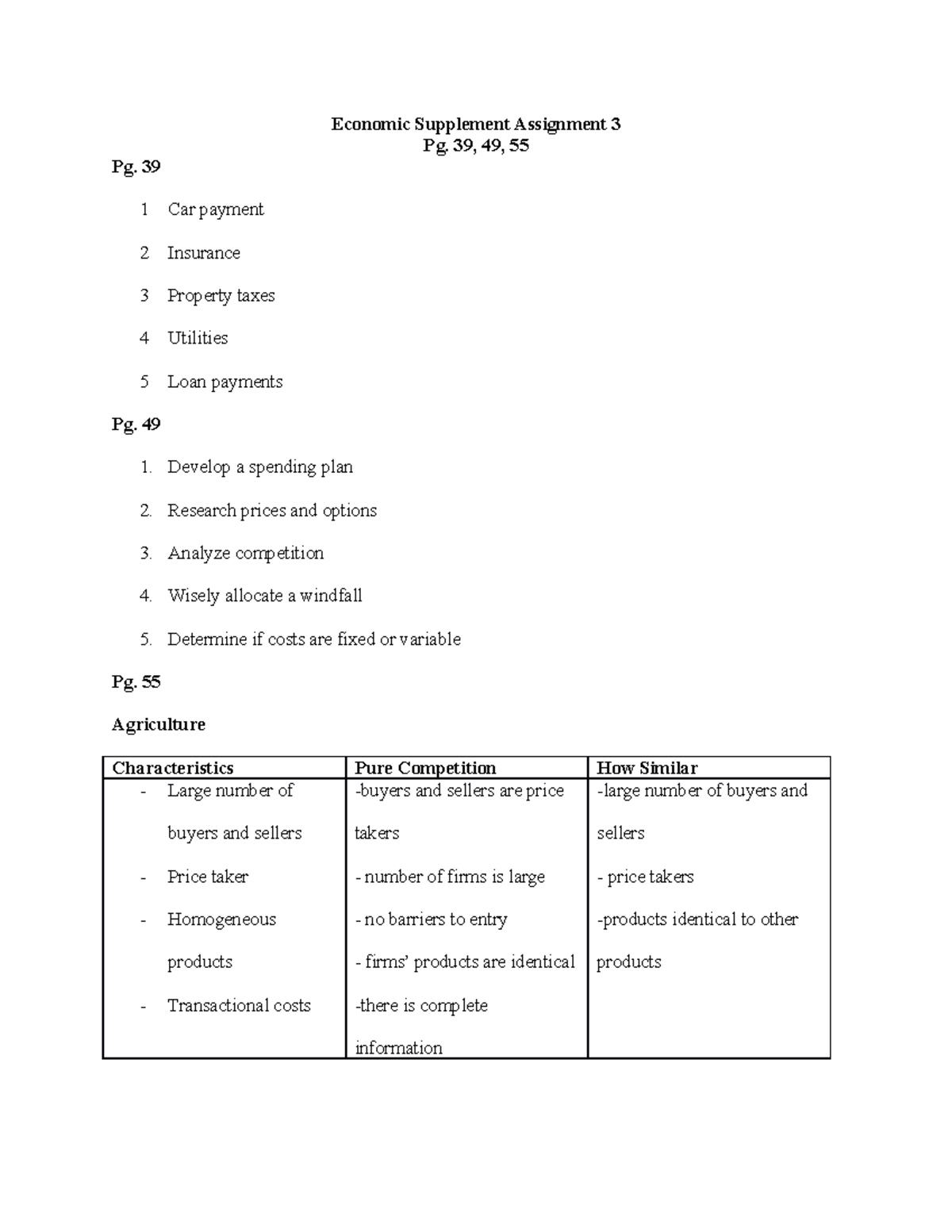 Economic Supplement Assignment 3 - 39, 49, 55 Pg. 39 1 Car payment 2 ...