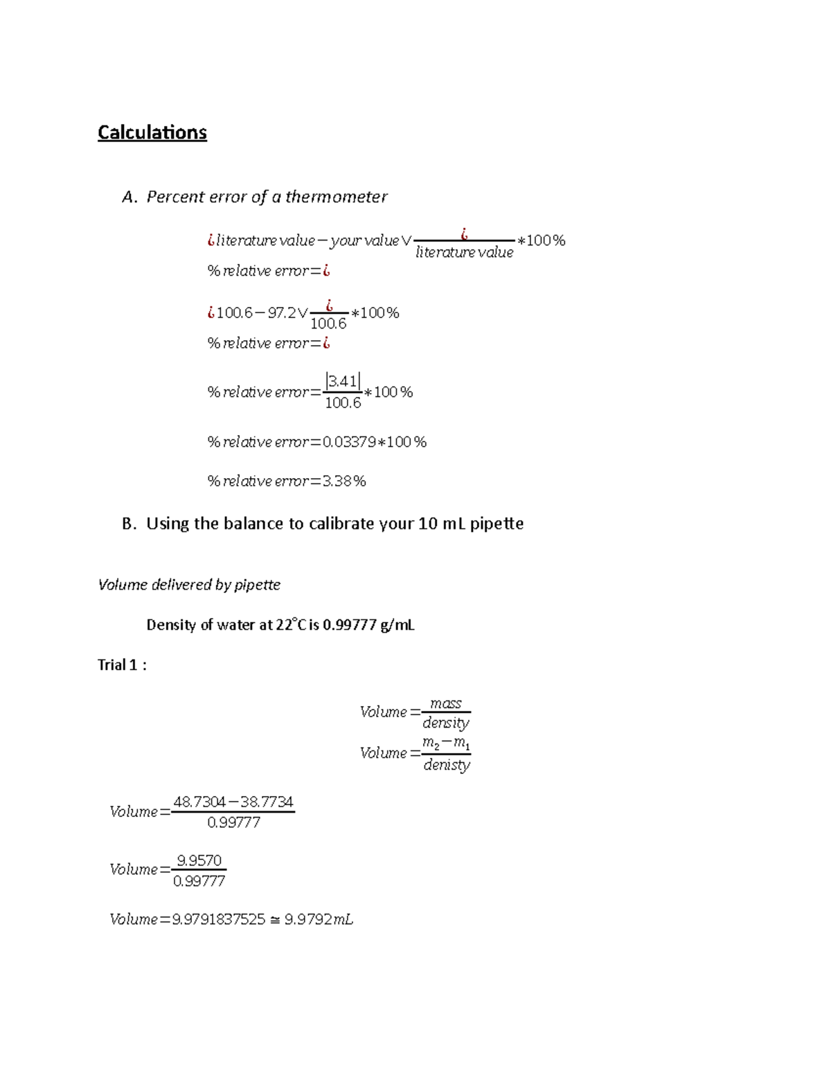 Lab 1 Calculations - Calculations A. Percent error of a thermometer ...