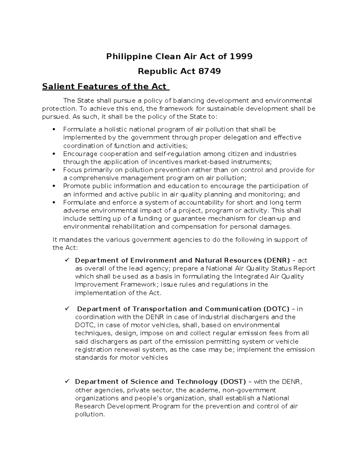 Philippine Clean Air Act of 1999 - To achieve this end, the framework ...