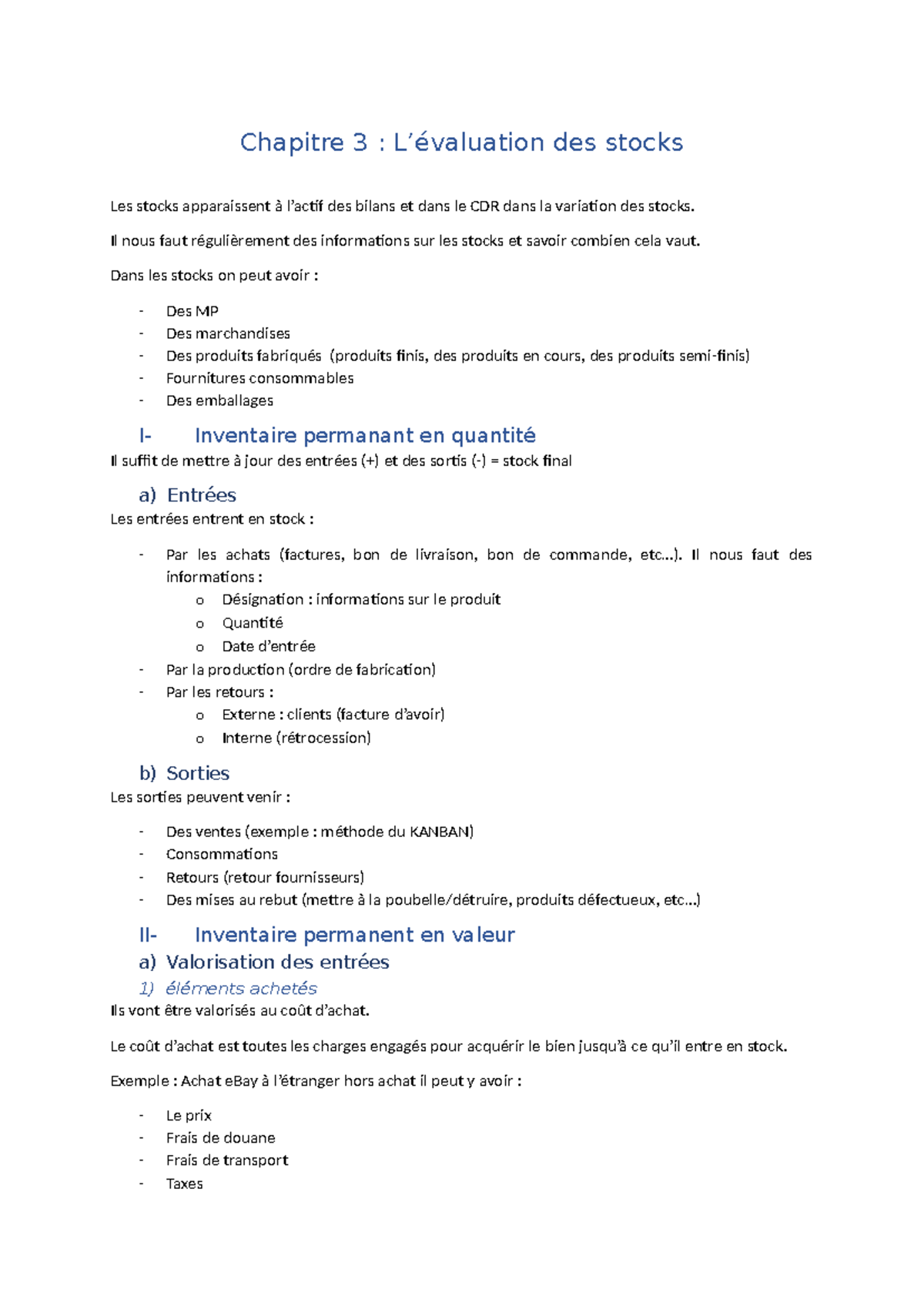 Chapitre 3 - Cours chap 3 - Chapitre 3 : L’évaluation des stocks Les ...