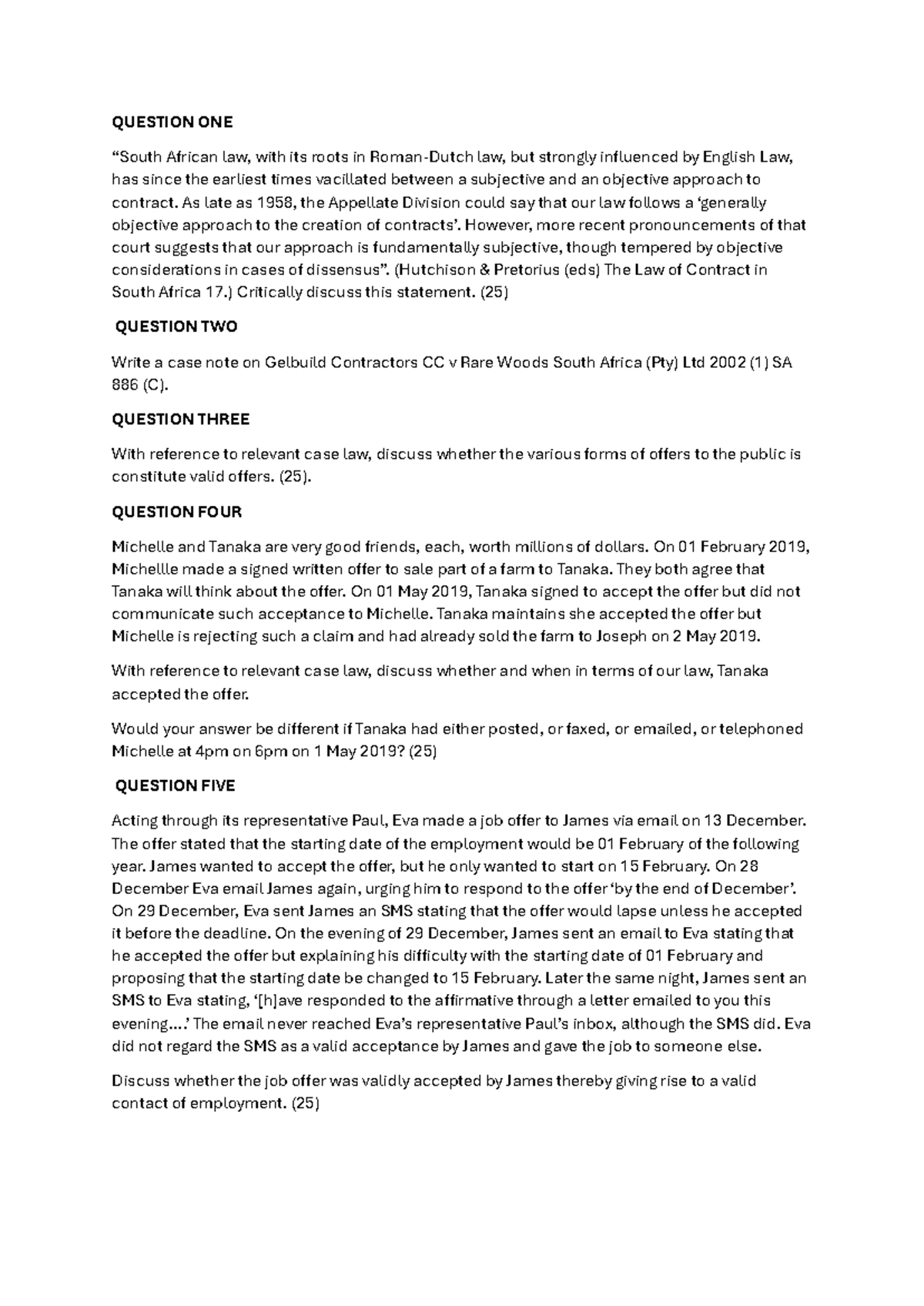 Review Questions LECT 1-3 - QUESTION ONE “South African law, with its ...