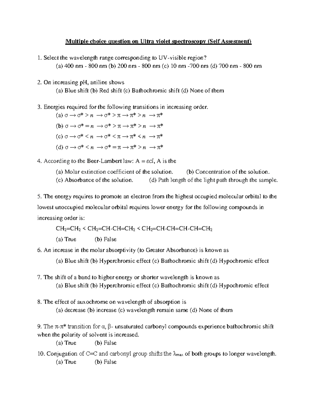 UV-MCQ - Multiple choice question on Ultra violet spectroscopy (Self ...